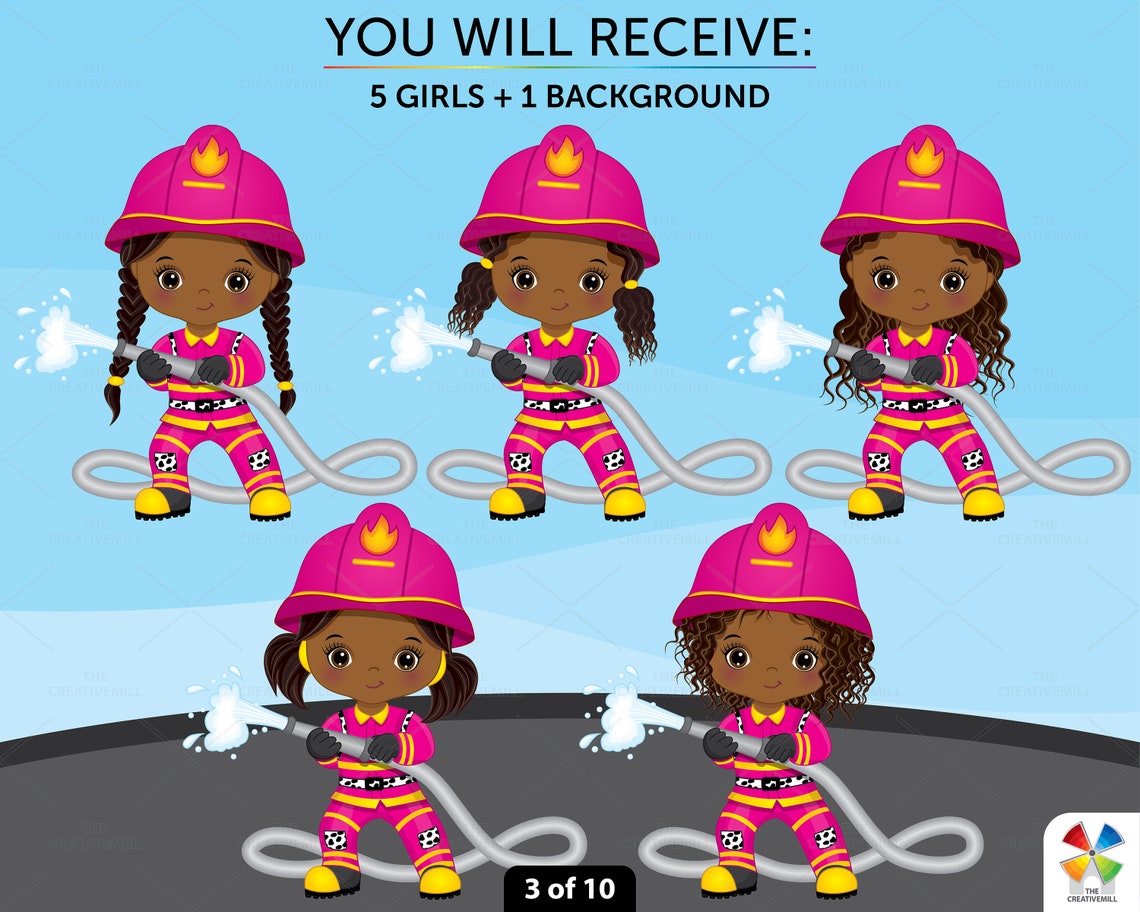 Black Girl Firefighter Clipart Vector Fireman Afro Little - Etsy