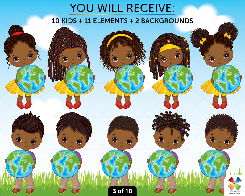 Earth Day Clipart Vector Environment Cute Boy Afro Girl - Etsy