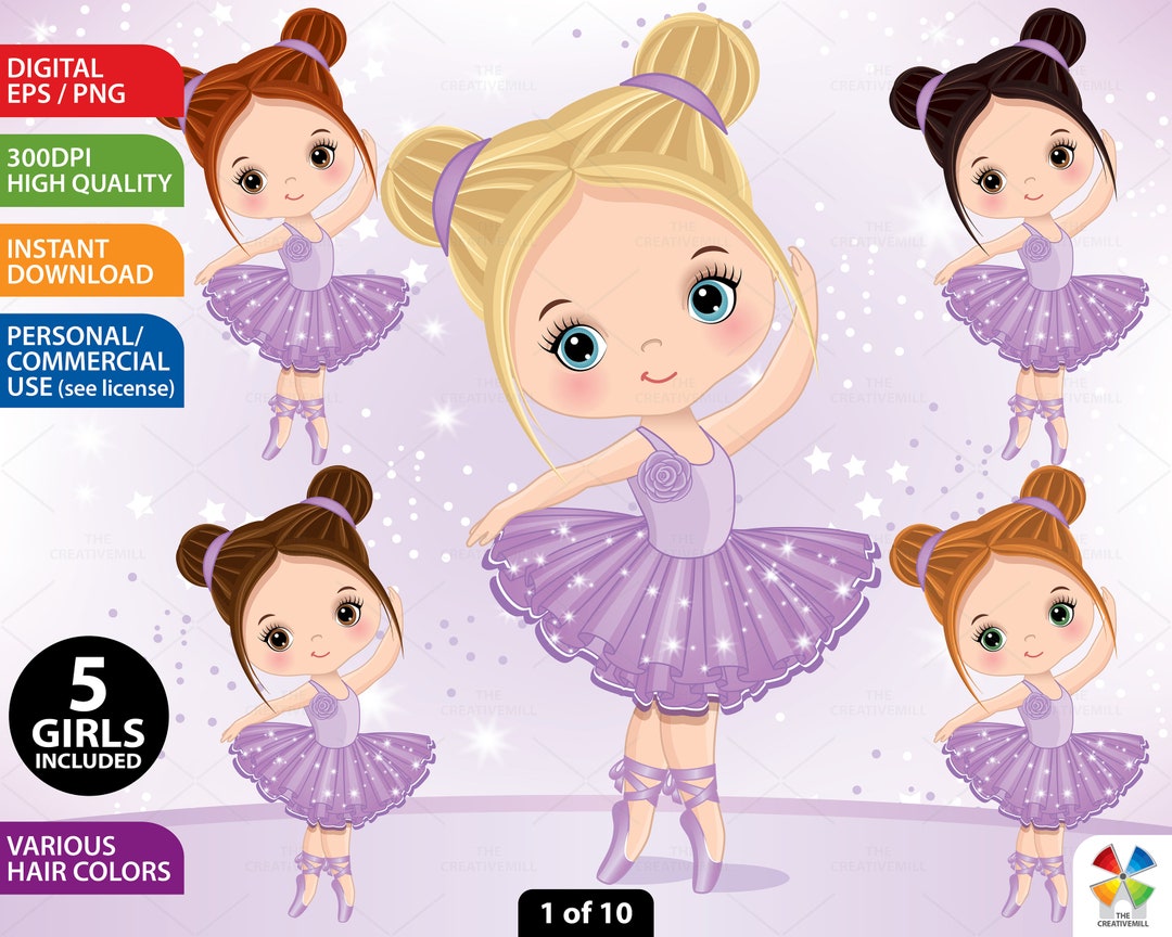 Little Ballerina Clipart, Vector Ballerina, Ballet, Bun, Purple Tutu ...