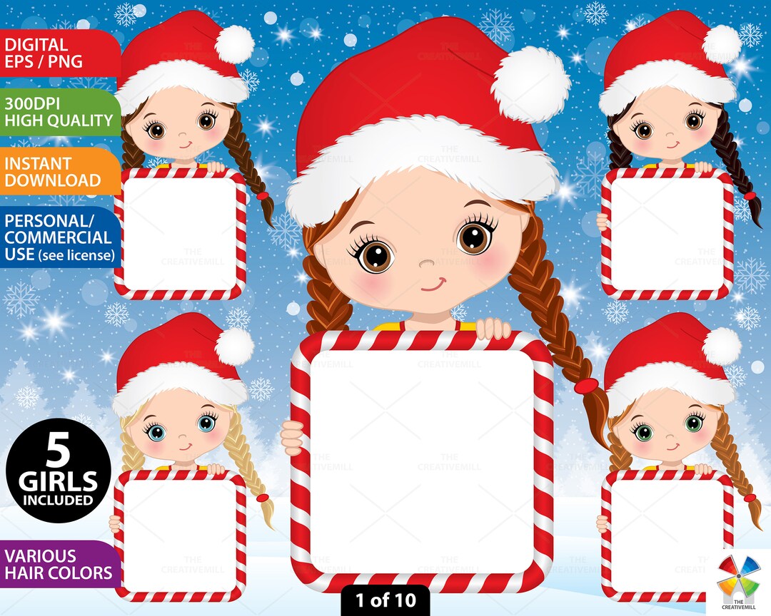 Christmas Girl Clipart, Vector Xmas Frame, Candy Stick, Blond Girl PNG ...