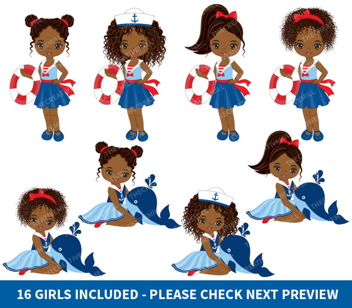 African American Nautical Girls Clipart Vector Nautical Kids | Etsy