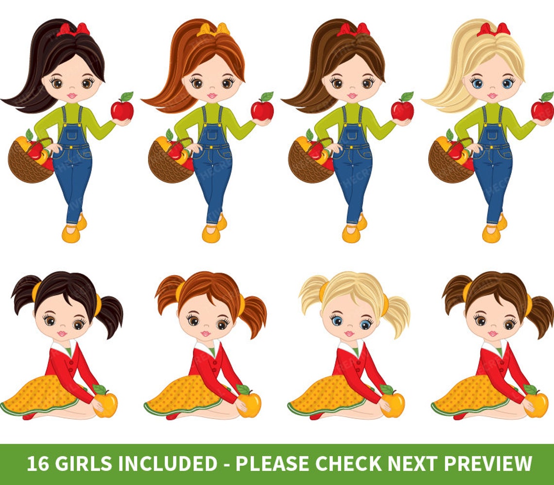Girls Picking Apples Clipart Vector Apples Clipart Girls | Etsy
