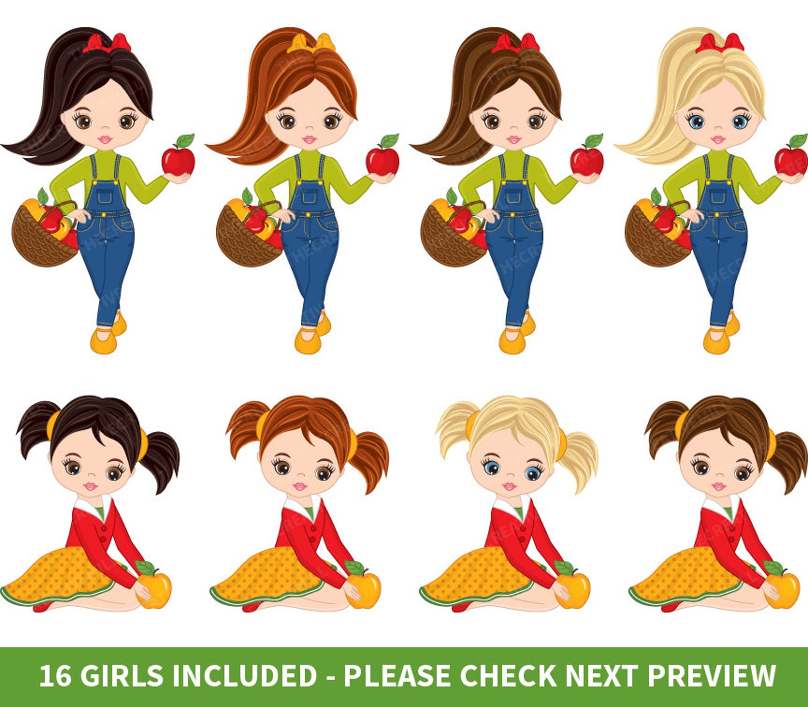 Girls Picking Apples Clipart Vector Apples Clipart Girls - Etsy