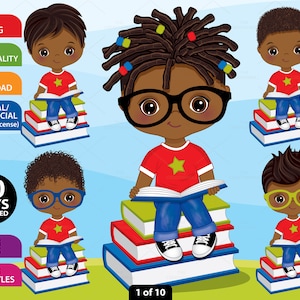 Black Boy Reading Clipart, Vector School Kid, Study, Student, Boy ...