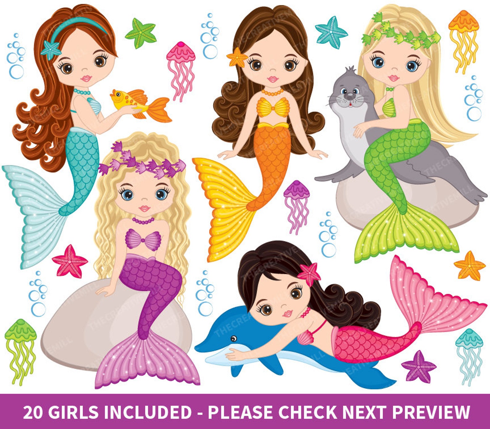 Mermaids Clipart Vector Mermaids Clipart Fish Girls - Etsy