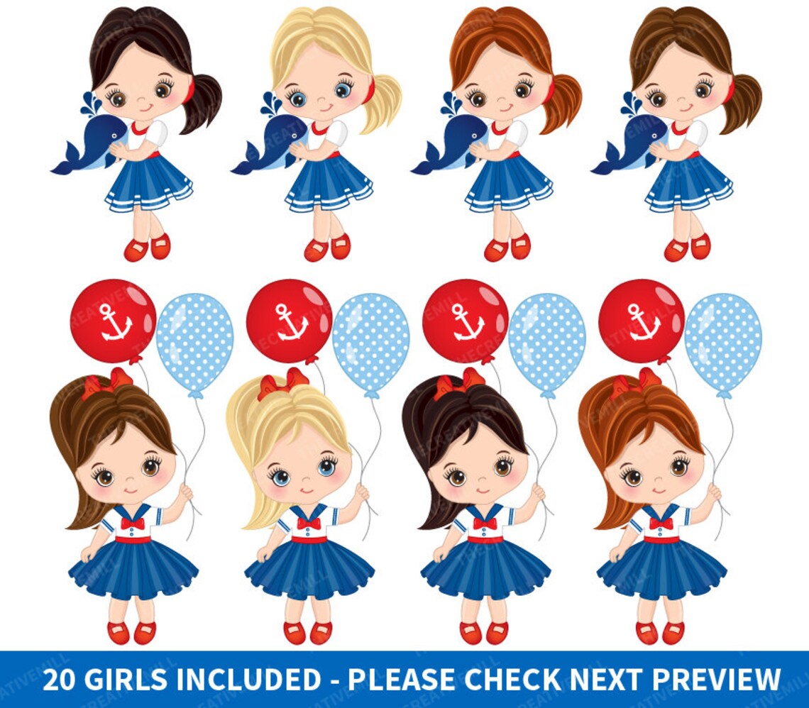 Nautical Little Girls Clipart Vector Nautical Kids Clipart | Etsy