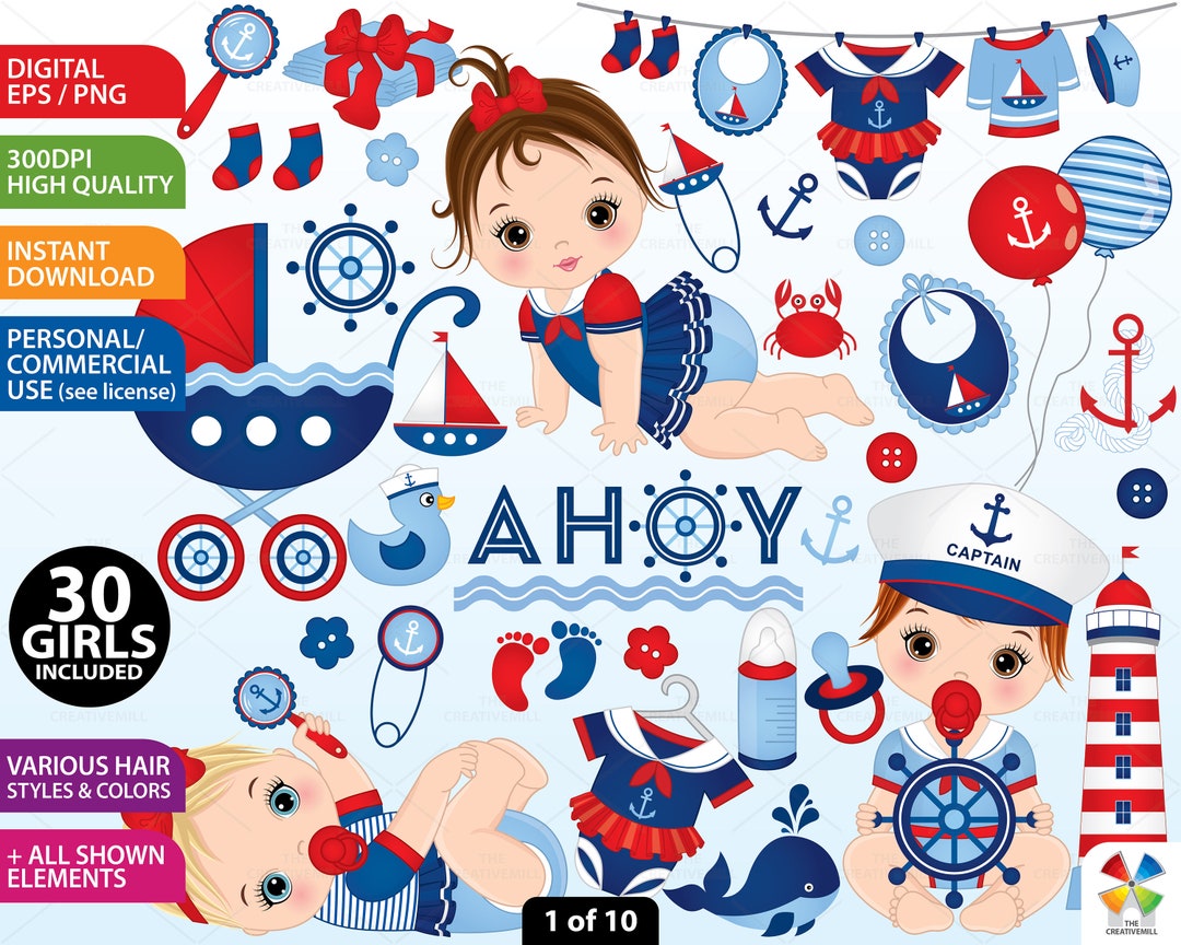 Nautical Baby Girl Clipart, Vector Nautical, Newborn, Caucasian, Baby ...