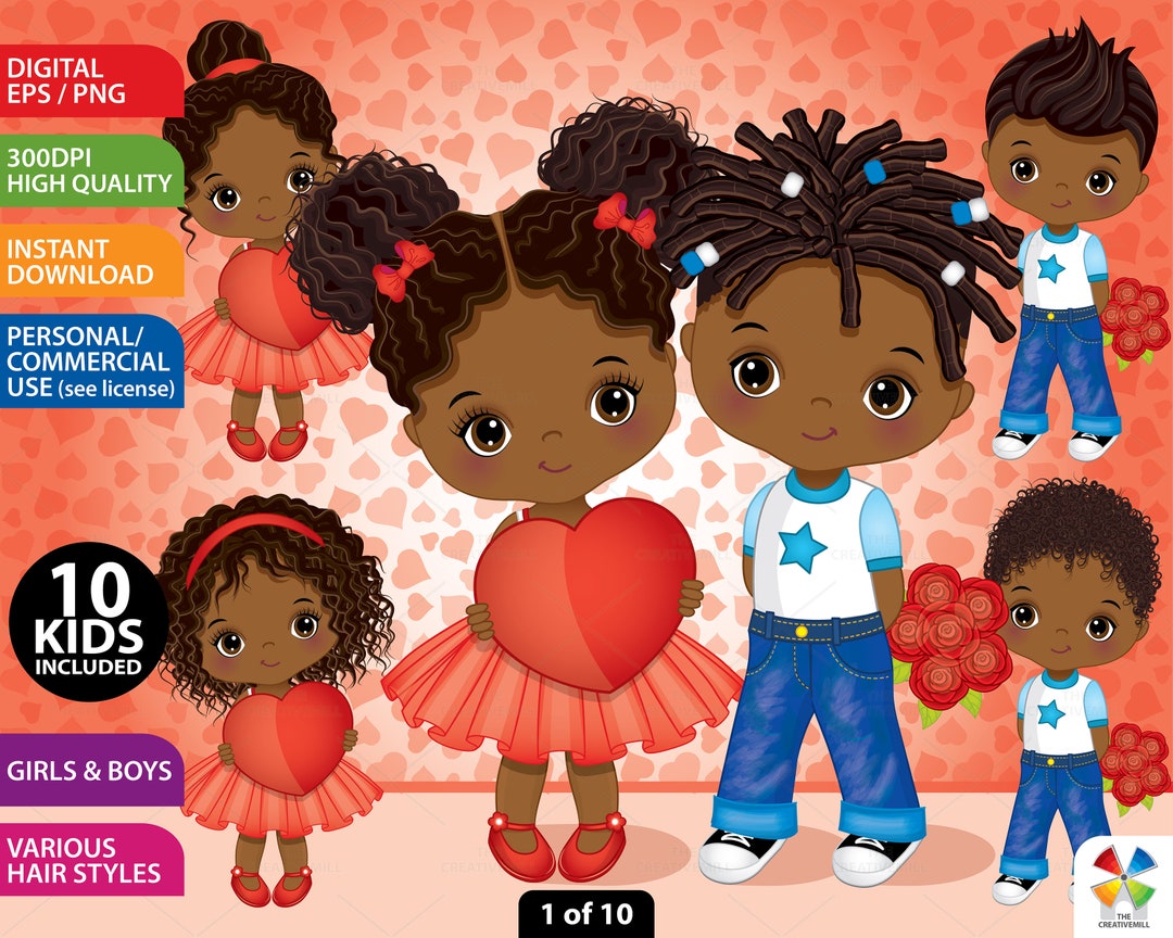 Valentine Day Kids Clipart, Vector Boy and Girl, African American, Love ...