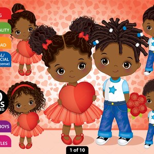 Valentine Day Kids Clipart, Vector Boy and Girl, African American, Love ...