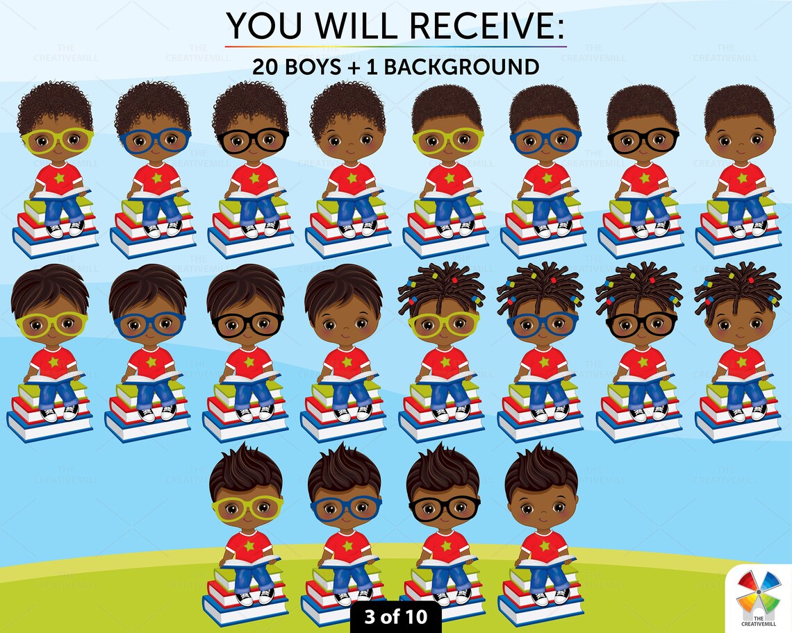 Black Boy Reading Clipart Vector School Kid Study Student - Etsy