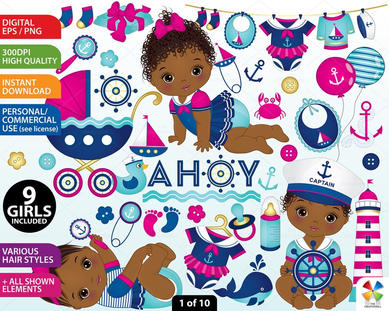 Nautical Baby Girl Clipart Vector Nautical Clipart Baby - Etsy