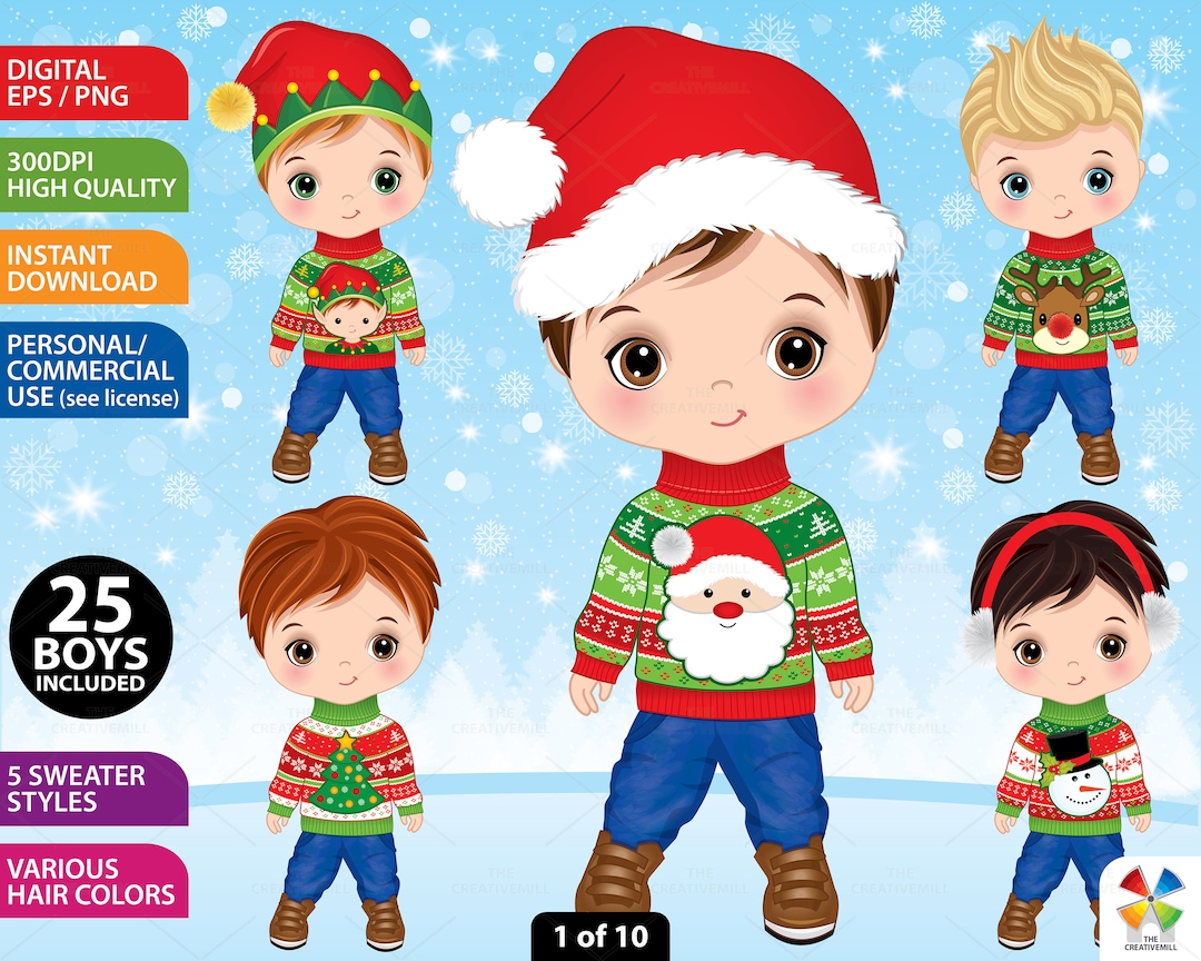 Christmas Boy Clipart, Vector Little Boy, Character, Winter, Xmas, Ugly ...
