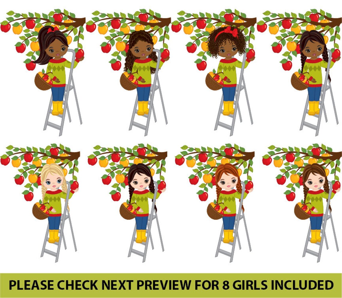 Girls Picking Apples Clipart Vector Apples Clipart Girls | Etsy