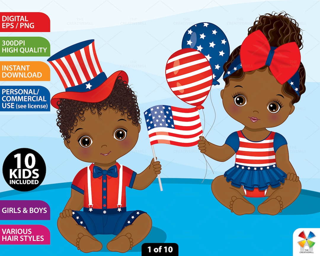 4th of July Baby Clipart - Vector Cute Black Baby Clipart, Independence ...