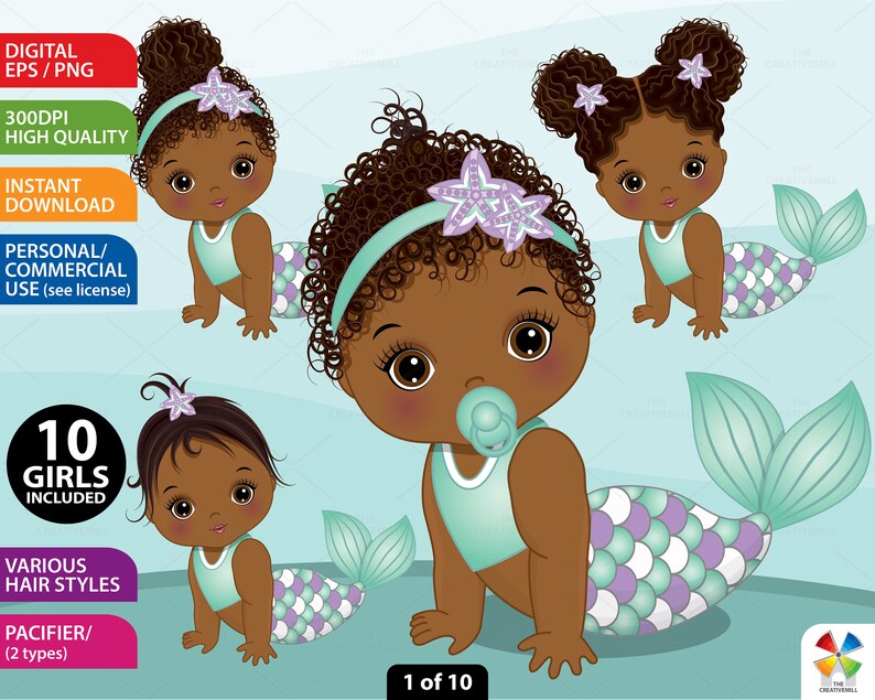 Black Baby Mermaid Clipart Vector Newborn Cartoon Baby Girl - Etsy