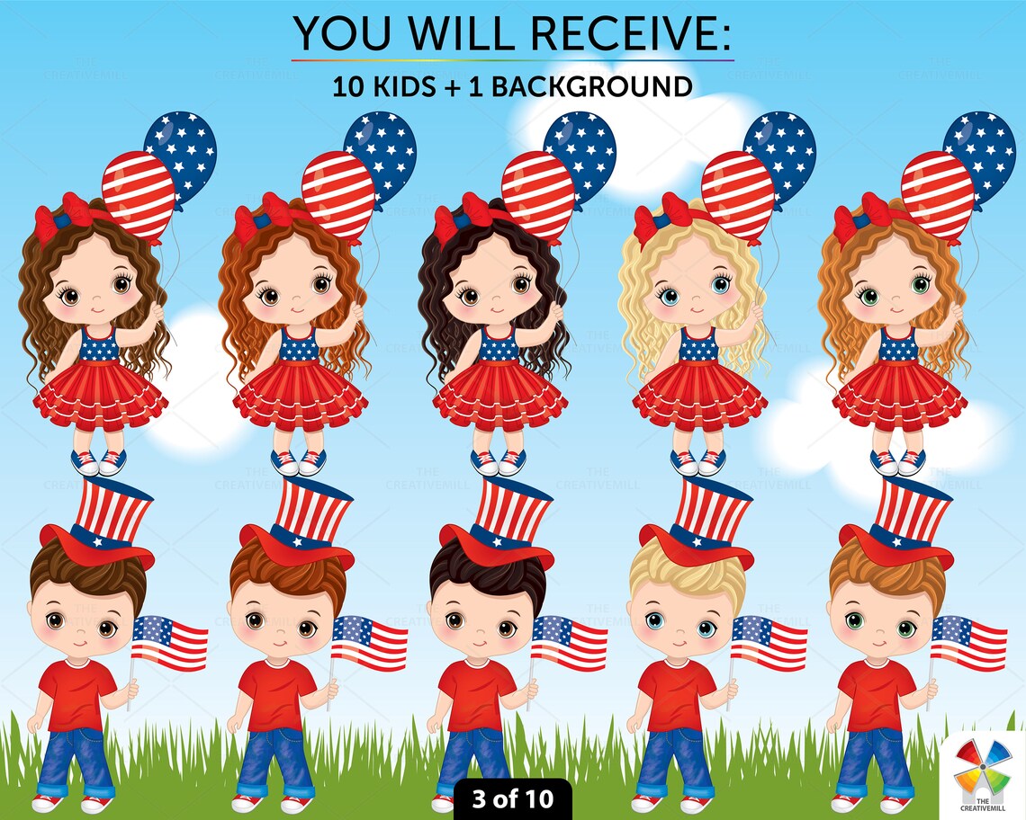 Happy 4th July Kid Clipart Vector Patriotic Cute Boy Girl - Etsy