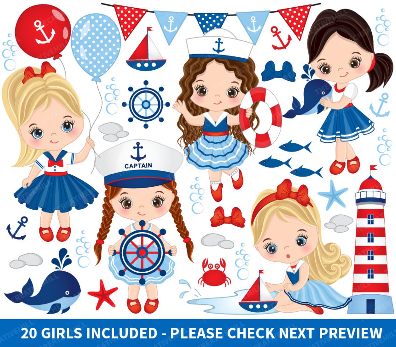 Nautical Little Girls Clipart Vector Nautical Kids Clipart | Etsy