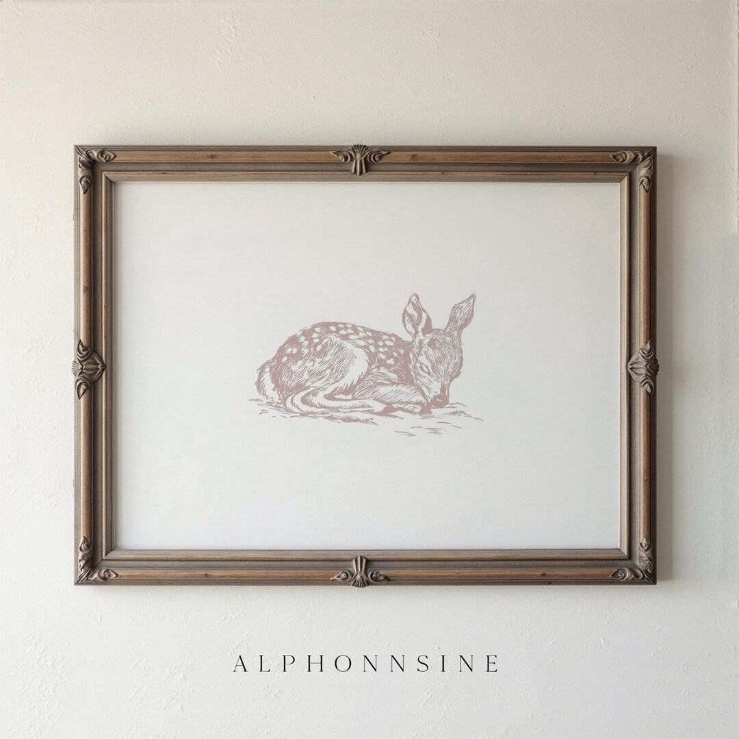 Vintage Minimalist Pink Fawn Illustration Print | Baby Deer Drawing ...