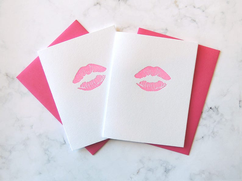 Kiss mwah Letterpress Card Valentine Lips Neon XOXO Pink - Etsy