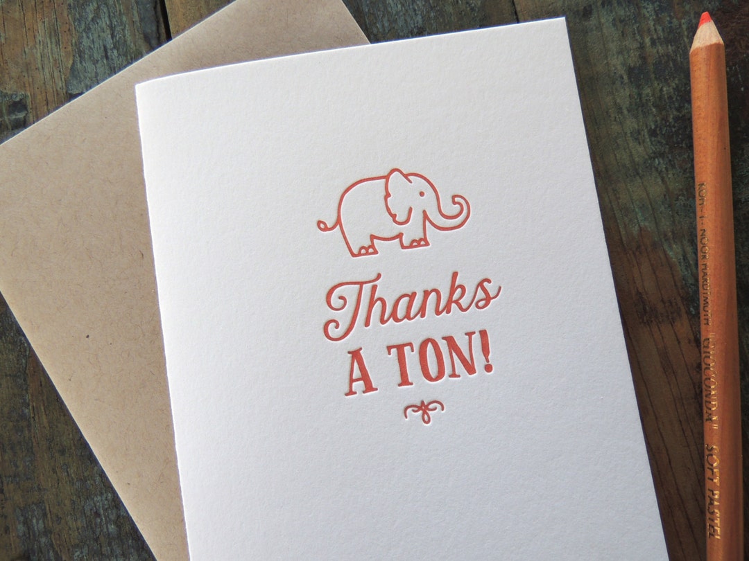 Thanks a Ton Letterpress Card Elephant Red Calligraphy - Etsy
