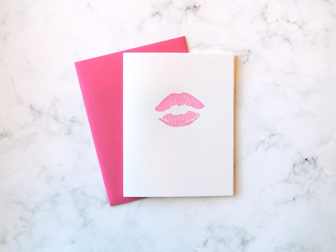 Kiss mwah Letterpress Card, Valentine Lips Neon XOXO Pink Love Marriage ...