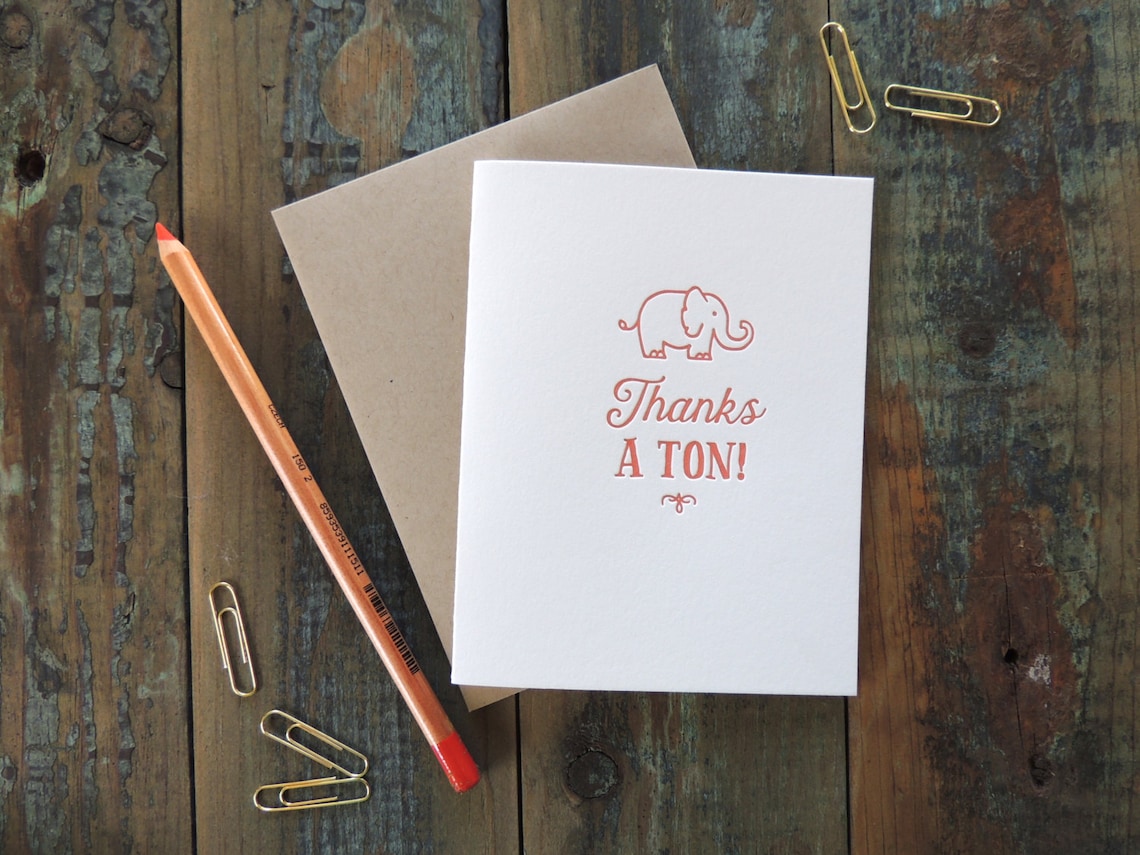 Thanks a Ton Letterpress Card Elephant Red Calligraphy - Etsy