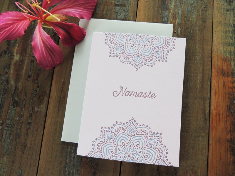Namaste letterpress card yoga greeting blank blue purple | Etsy