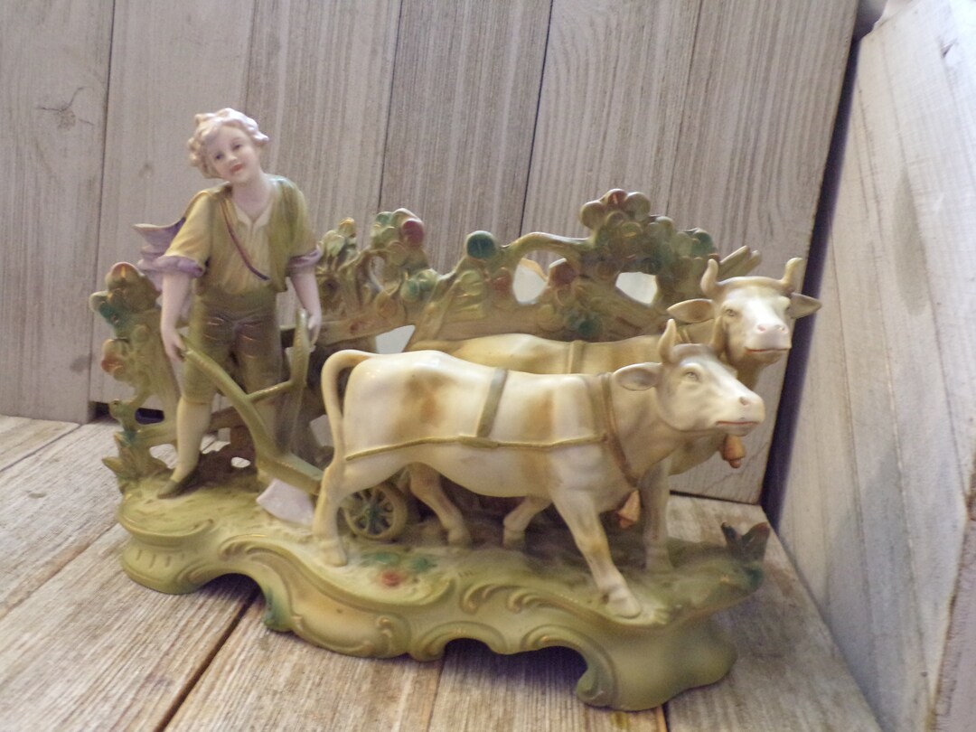 Art Nouveau Saxony Farm Oxen Boy W Ox Large Planter, Vintage Home Decor ...