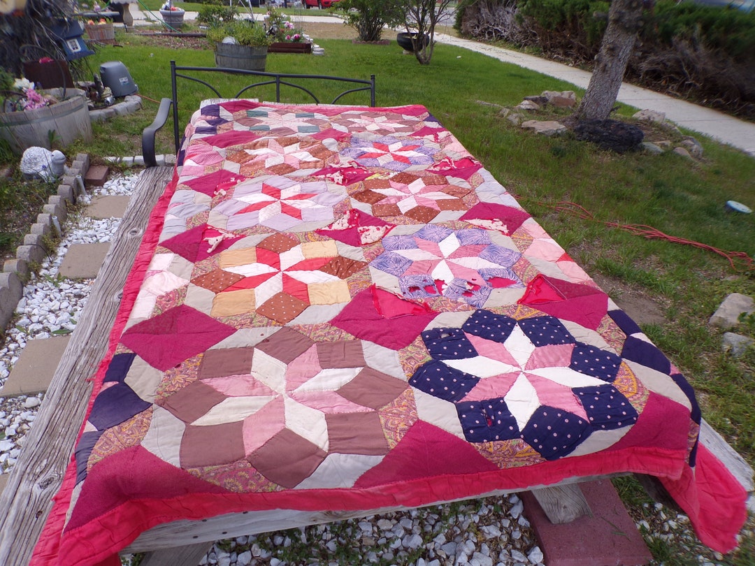Antique Patchwork QUILT Pinwheel Quilt NEEDS REPAIR Worn, Vtg Bedding, Memories, Gift, Prop ...