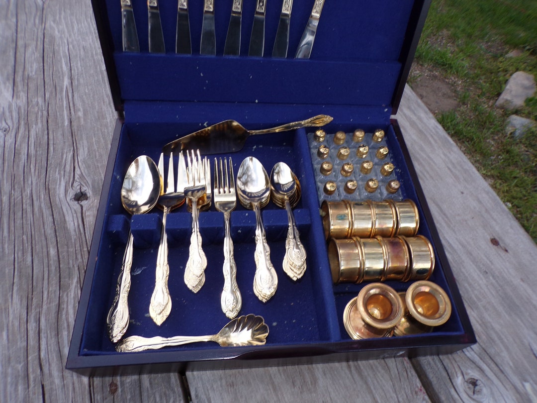 Gold Brass Flatware Set W Napkin Rings Salt Pepper Sets 8 Pc for Most ...