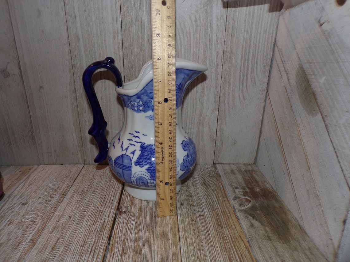 Blue White Pitcher, Asian Pitcher, Handled Pitcher, Farmhouse Decor ...