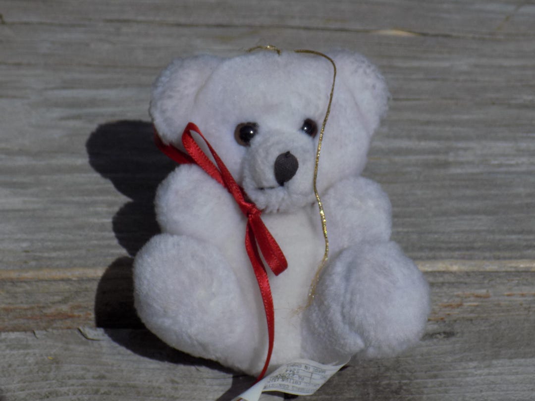 Small White Teddy Bear W Hanger Red Bow, Little Bear, Memories, Gift ...