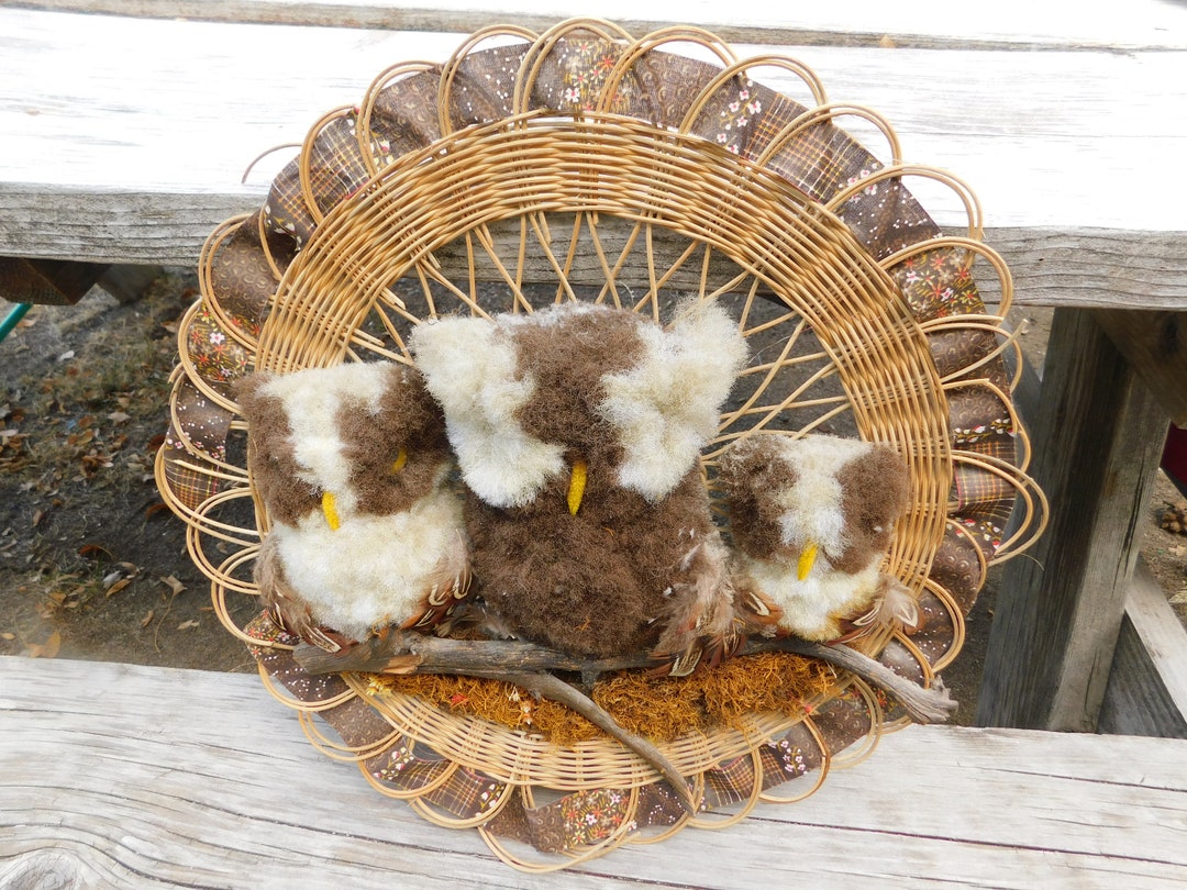 Vintage Fuzzy Owls, Mommy Owl, Wicker Owl Decor, Country Owl Decor ...
