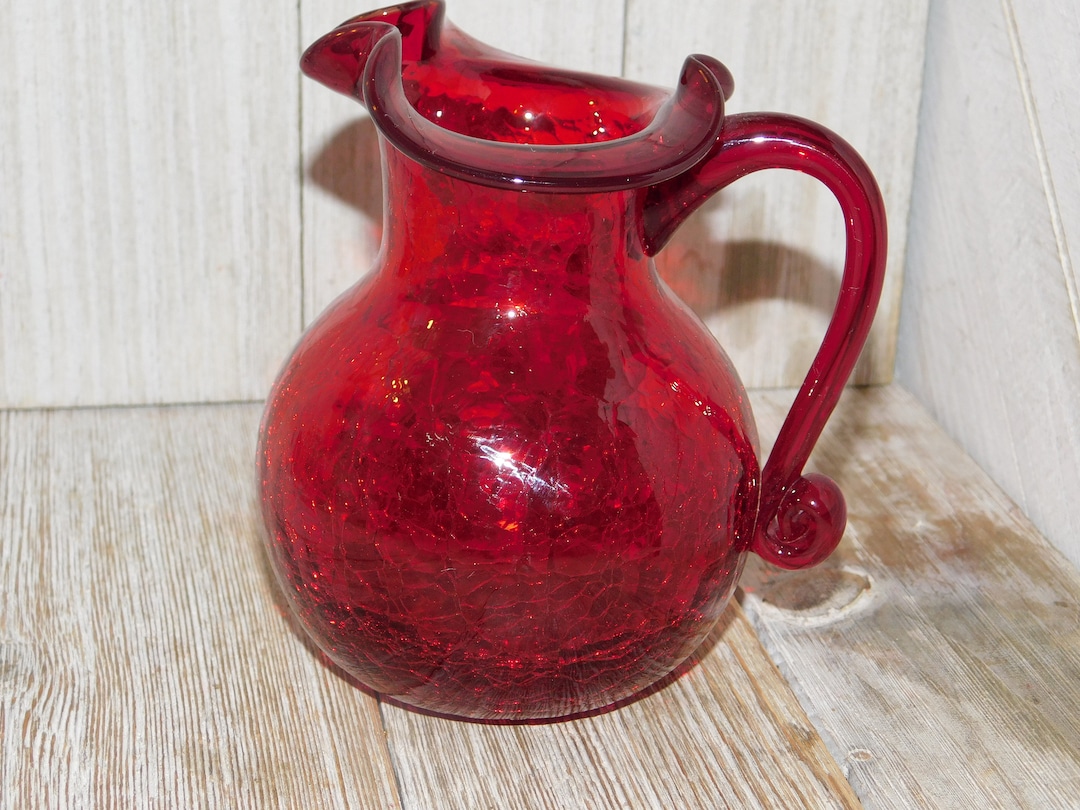 Vint Red Crackled Small Handblown Pitcher, Ruby Red Glass Pitcher, Hand ...