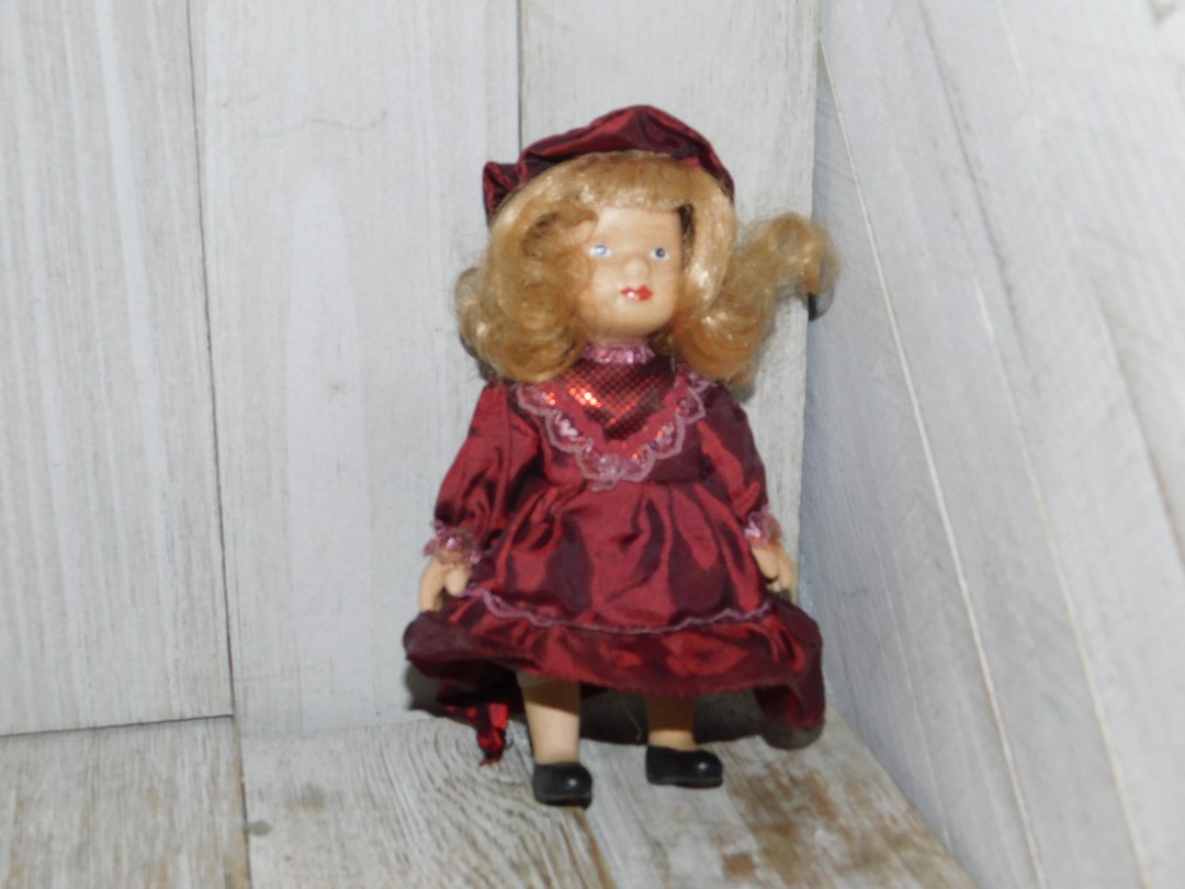 Porcelain Doll in Red Dress and Hat, Vintage Doll, Small Doll, Blonde ...