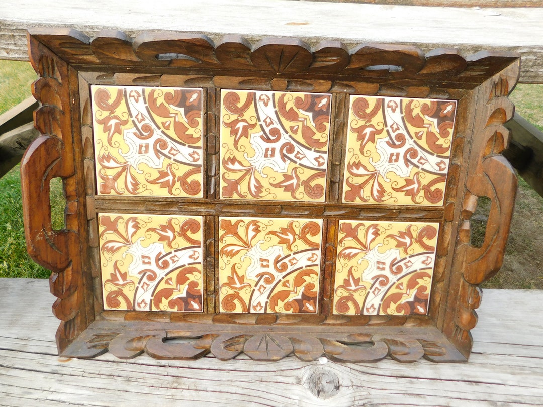 Tray Yellow and Brown Carved Mexico Serving Tile Tray, Mexican Folk Art ...