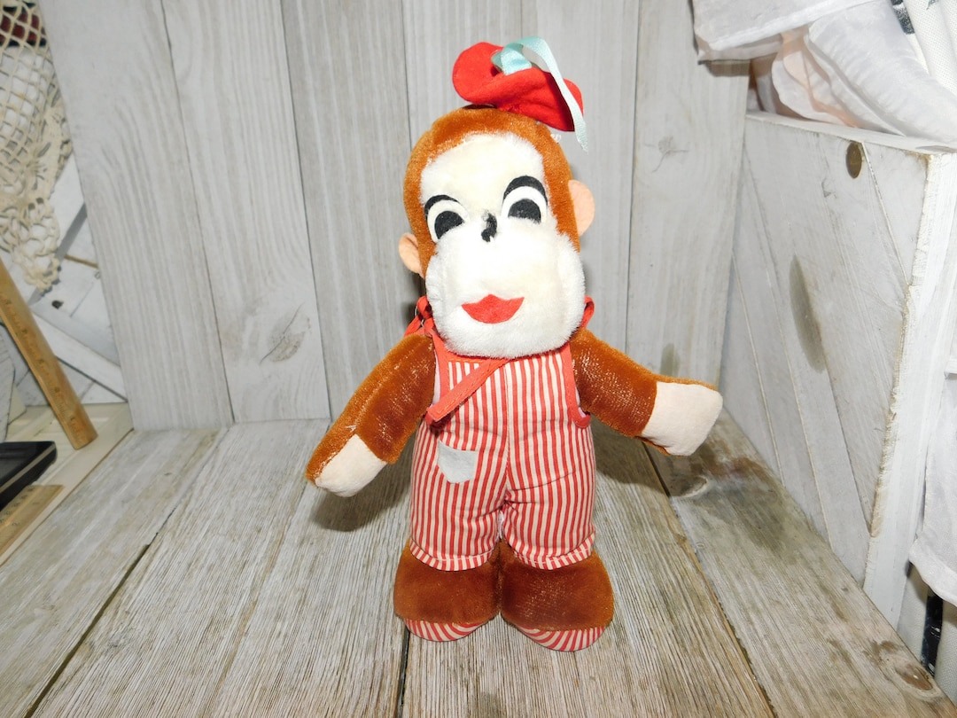 Monkey Stuffed Monkey W Cap Red White Stripped Coveralls Vtg Stuffed ...
