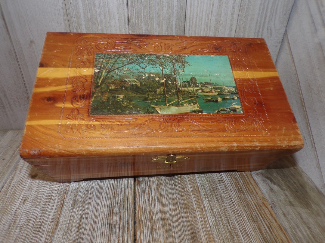 BOX Vtg Wood Embossed Box W Boats and Lake, Vtg Storage Box, Jewelry ...