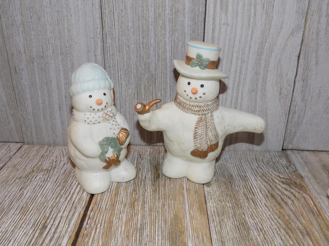 Snowman Pair, With Hats On, Winter Decor, Ceramic, Cake Toppers ...
