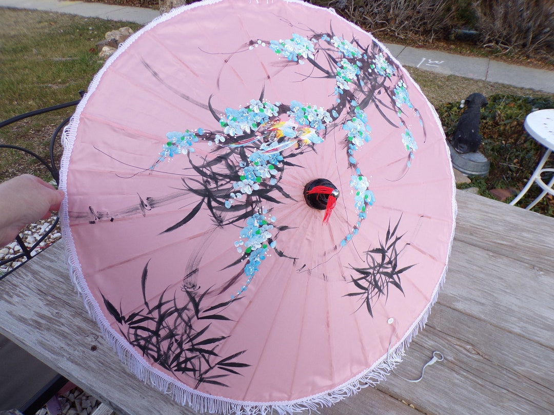 Vtg Parasol Pink Blue Parasol, Floral Parasol W Fringe, Spring ...
