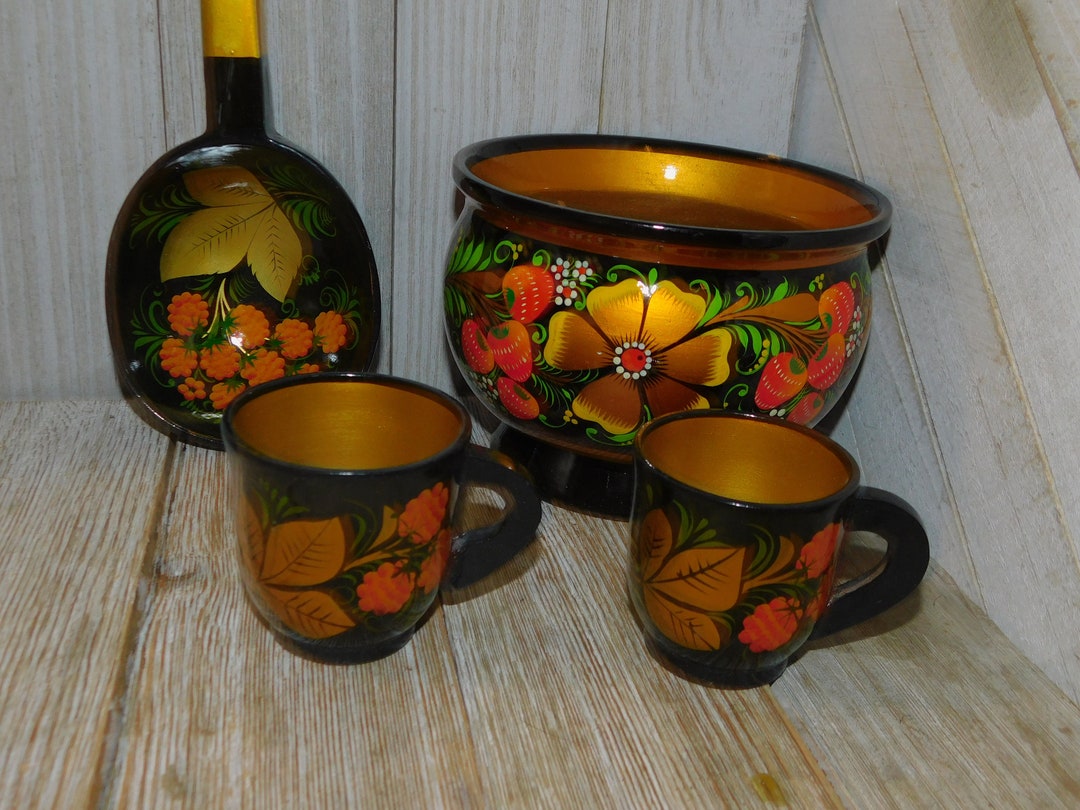 Khokloma Russian Lacquerware Bowl, Spoon, Cups, YOUR CHOICE Hand ...
