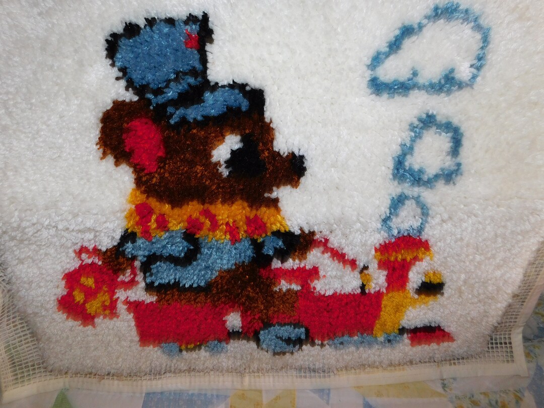 Completed Latch Hook Mat Folk Art Tapestry Baby Bear on Train ...