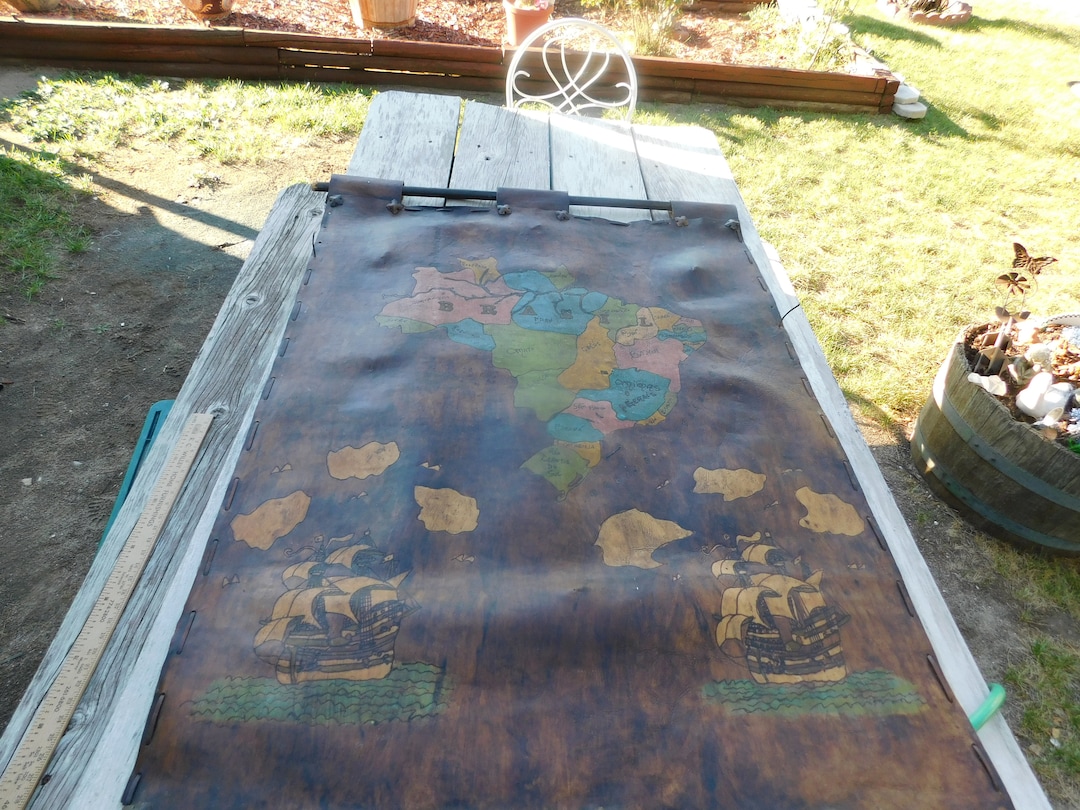 Vintage Leather Large Scroll Map, Leather Large Map Hanging, Vintage ...