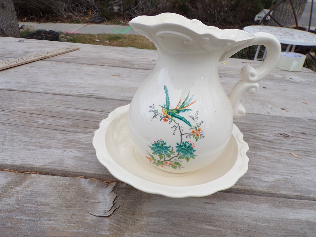 Pitcher Bowl W Pheasants in Plant of Flower Dry Sink Pitcher Bowl Bird ...