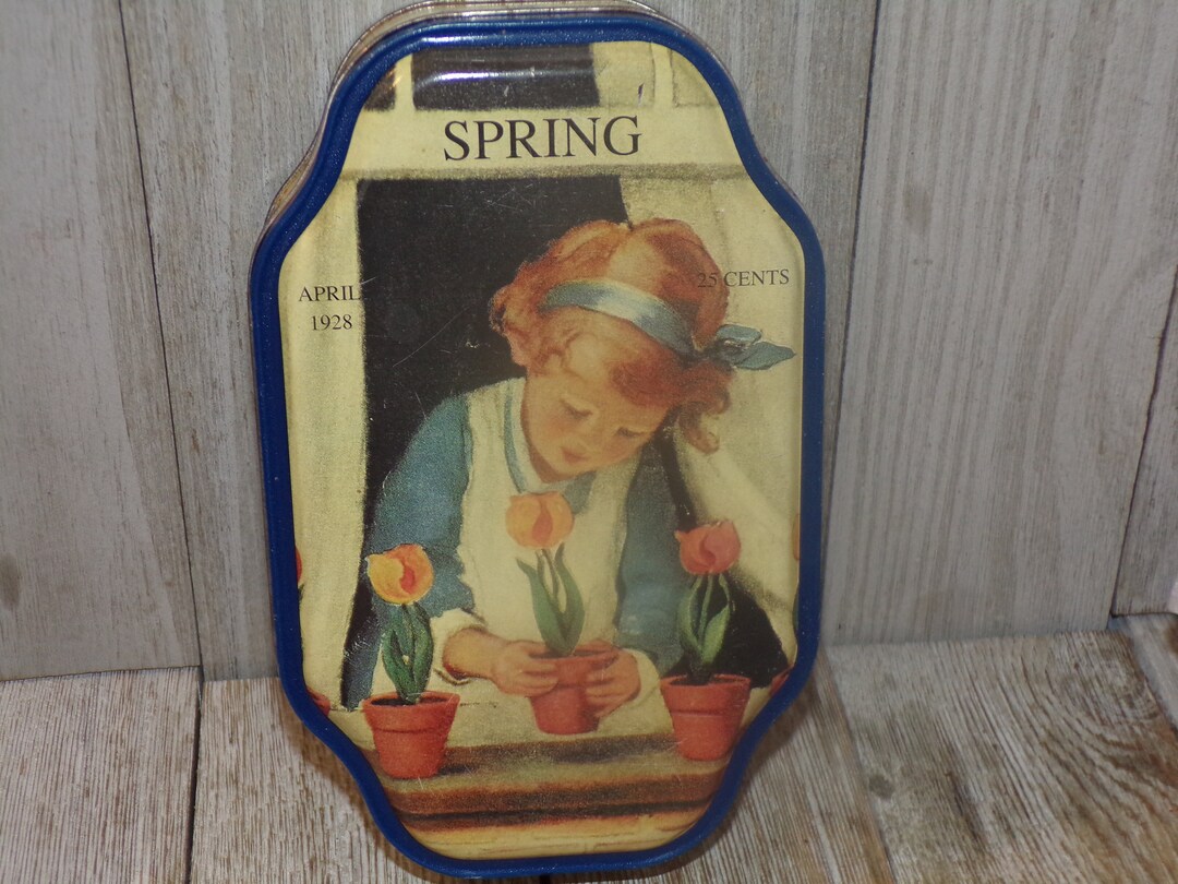 Vtg Good Housekeeping Spring Tin Box, Spring Tin Can, Girl Tin Box ...
