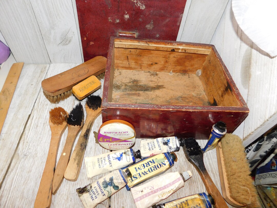 Vintage Wood Handmade Shoe Polishing Box, Brushes and Polish, Vintage ...