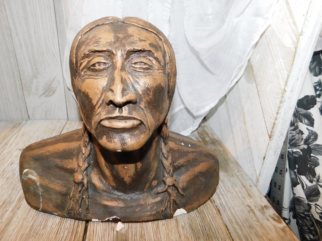 Primitive Tribal Chief, Vtg Plaster Paris Indian Head Native American ...