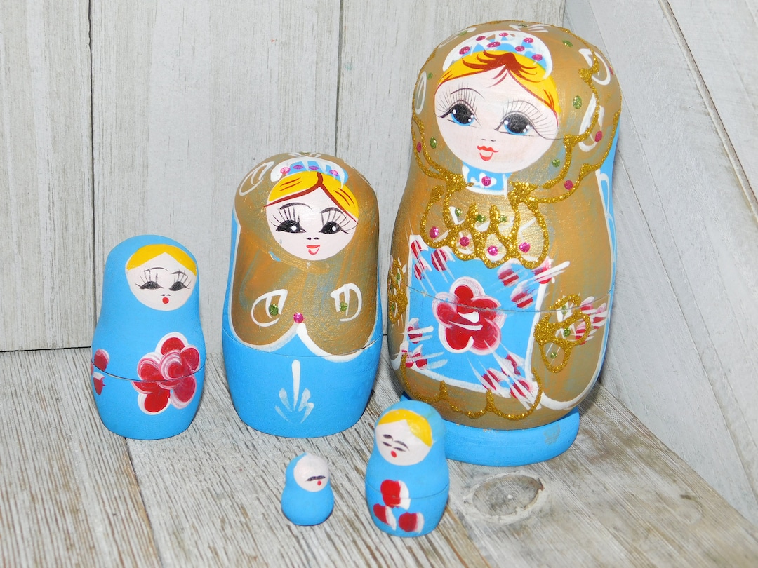 Nesting Doll, Vintage Blue and Gold Nesting Dolls, Vintage Nesting ...