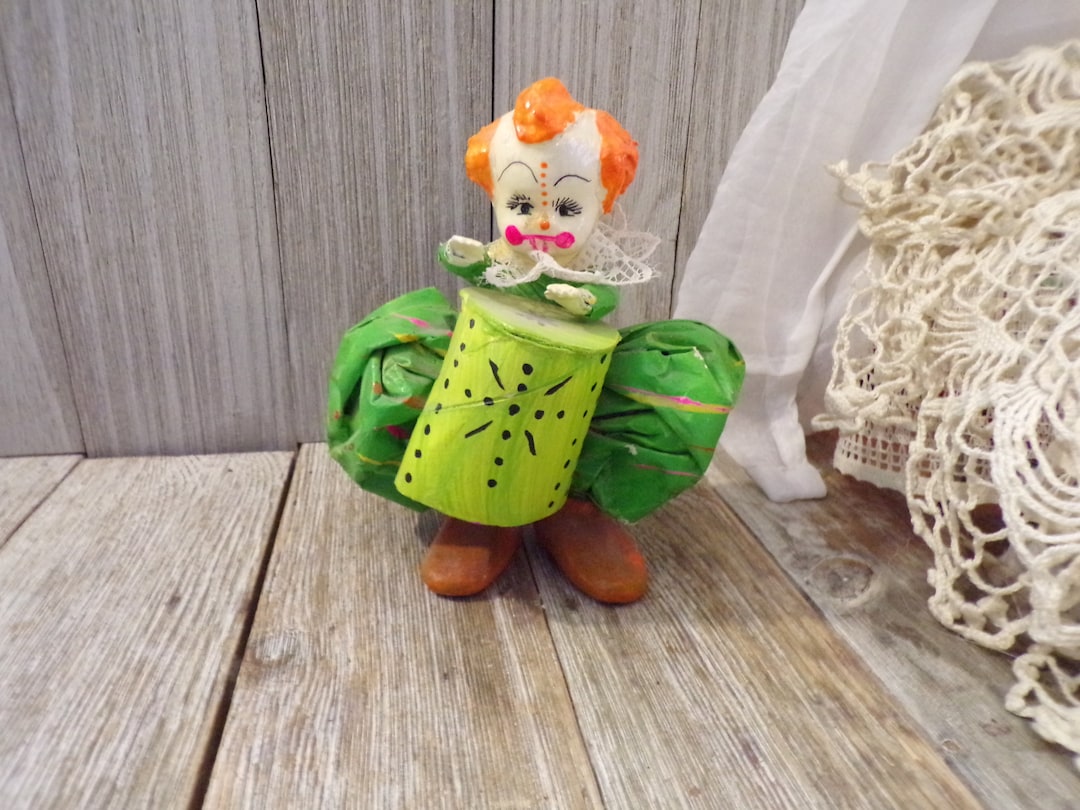 Paper Mache Little Clown, Kitschy, Small Clown Orange Hair Clown ...