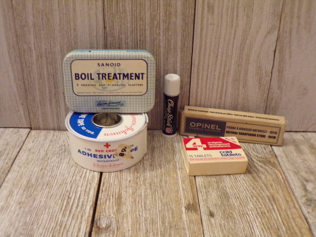 Vtg EMPTY TINS, Boil Treatment, Cold Tablets, First Aide Tape ...